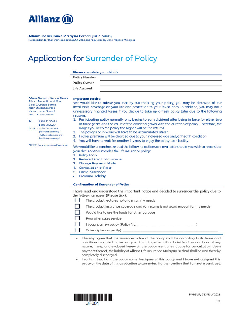 Surrender Policy Form - June 2023 ENG | PDF | Banks | Insurance