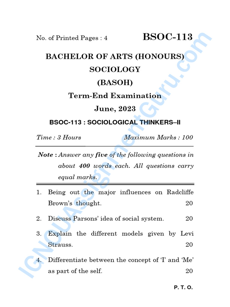 BSOC-113: Sociological Thinkers II Exam | PDF | Science | Behavioural ...