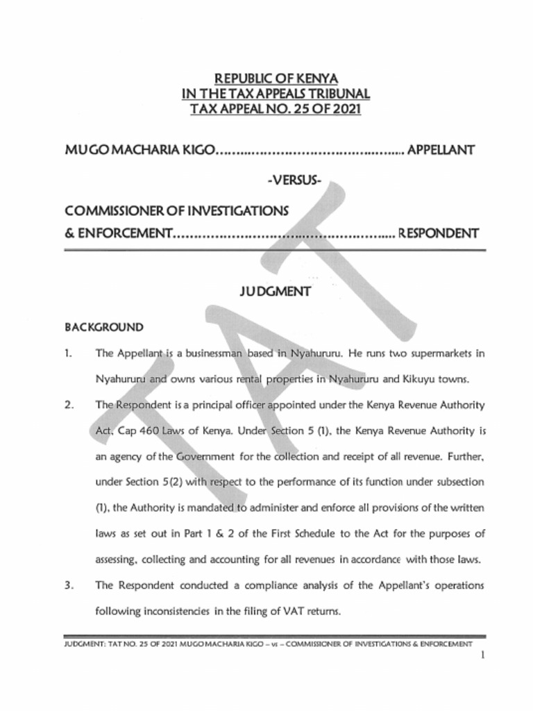 Mugo Macharia Kigo Vs Commissioner of Investigations Enforcement TAT 25 of 2021 - Judgement ...