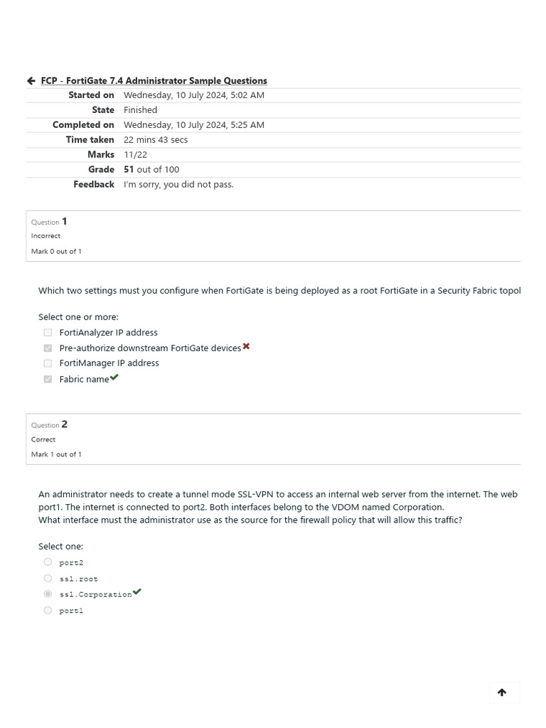 FortiGate 7.4 Administrator Sample Questions - Attempt Review | PDF ...