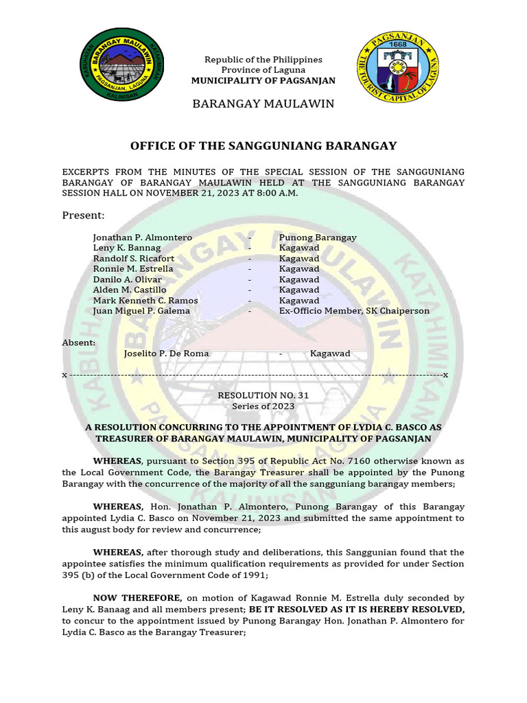 Resolution On The Appointment of Barangay Treasurer | PDF | Philippines