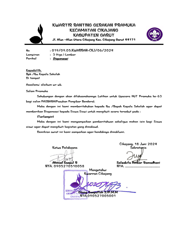 Surat Dispensasi Pasbara 2024 | PDF