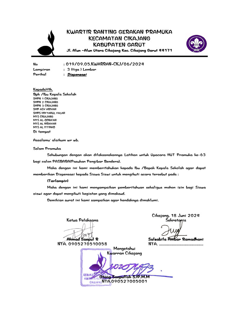 Edaran Surat Dispensasi Pasbara 2024 | PDF