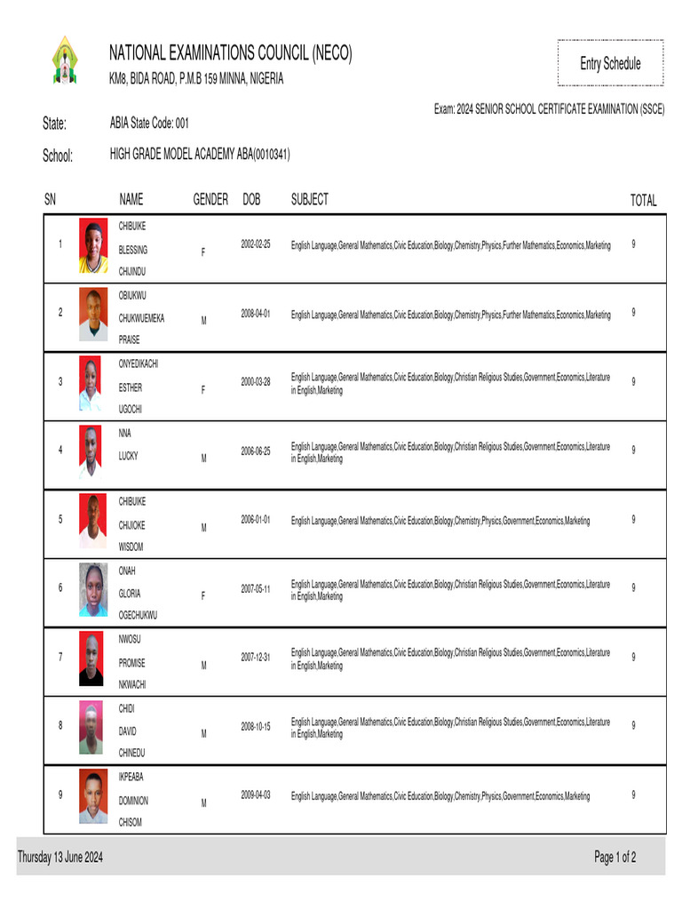 2024 Ssce Int Candidates Entry Schedule | PDF | Educational Stages