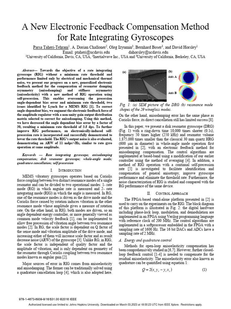 A New Electronic Feedback Compensation Method For Rate Integrating Gyroscopes | PDF | Gyroscope ...