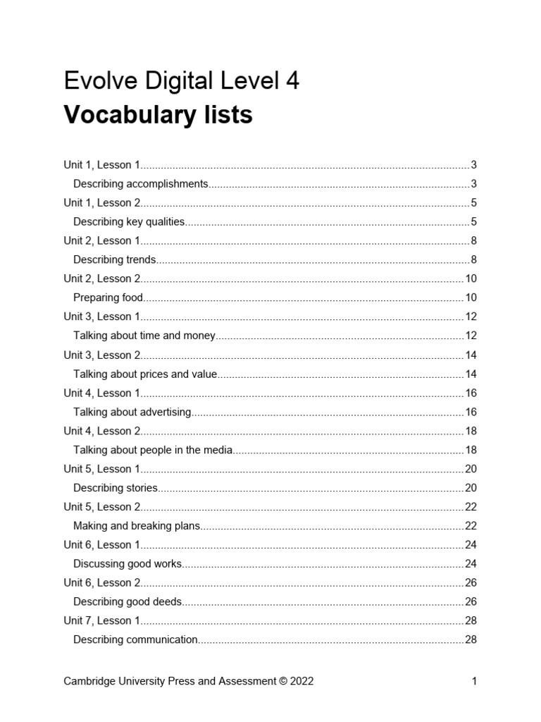 Evolve 4 Vocabulary Lists Overview | PDF | Cost Of Living | Social Media