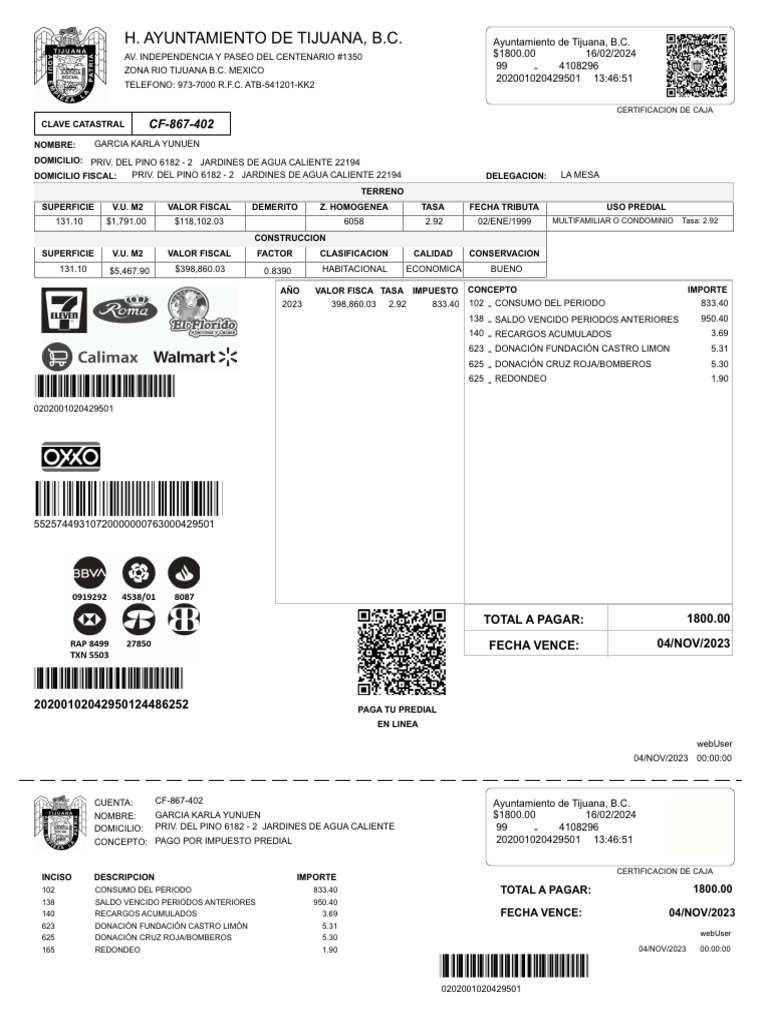 Predial Tijuana Garcia Karla Yunuen | PDF | Impuestos | Finanzas del ...