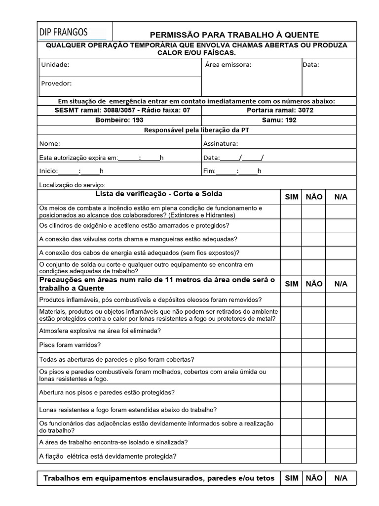 PT (Permissão Trabalho) À Quente 2023 | PDF | Incêndios | Calor