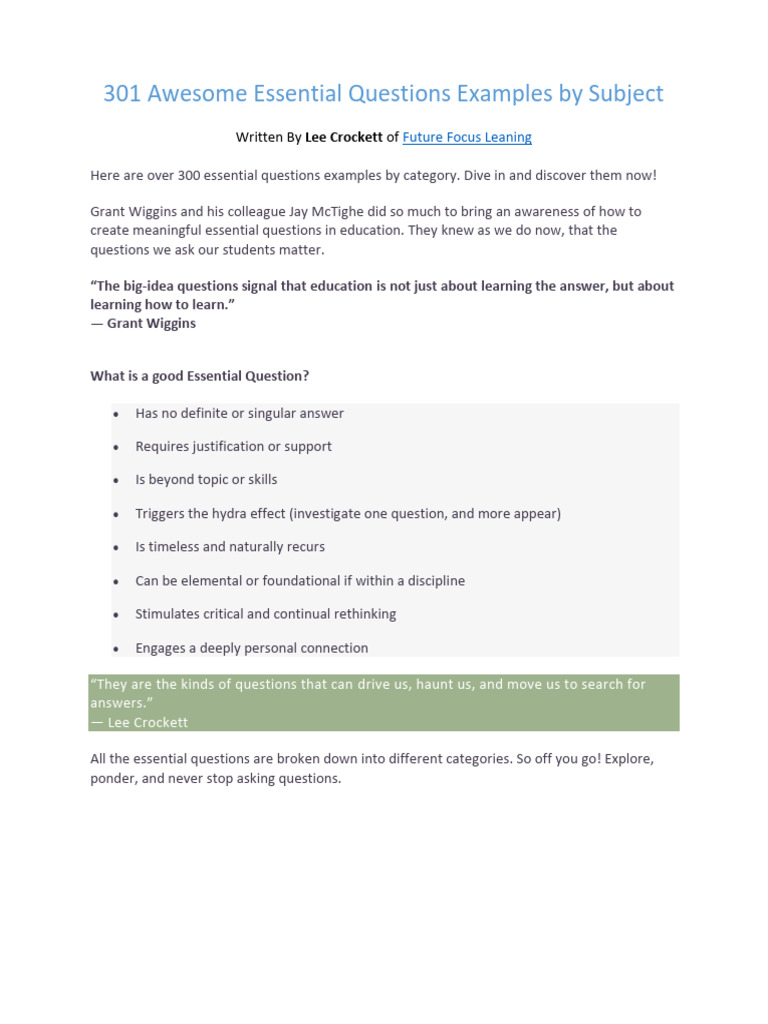 Essential Questions by Subject Guide | PDF | Good And Evil | Mathematics