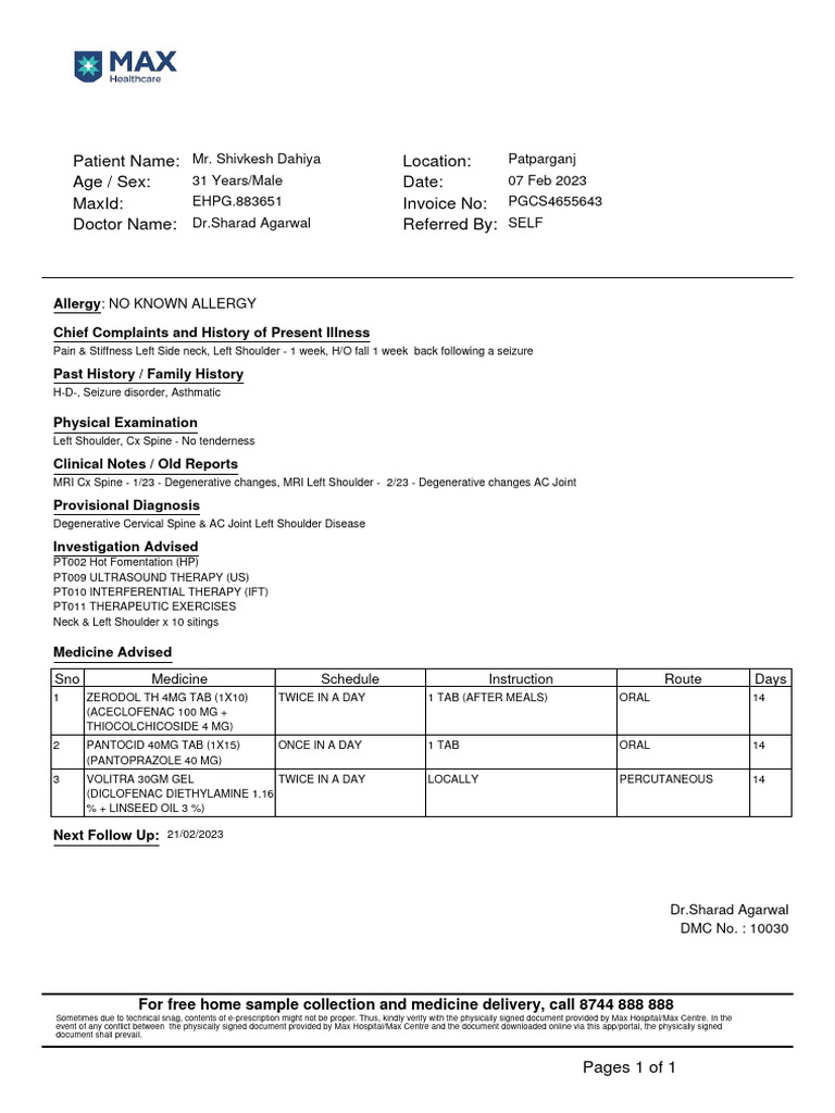 Patient Name: Location: Age / Sex: Date: Maxid: Invoice No: Doctor Name ...