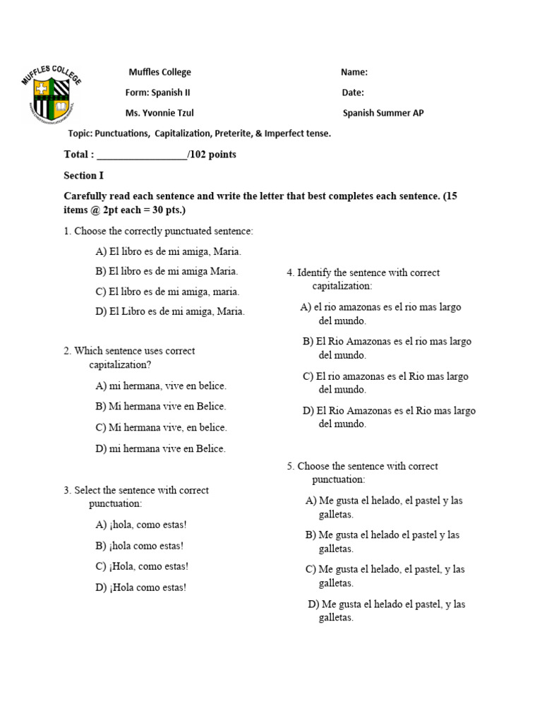 Summer AP Spanish Test Form 2 Test #1 | PDF | Artes del Lenguaje y ...