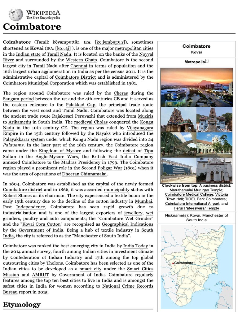 Coimbatore - Wikipedia | PDF