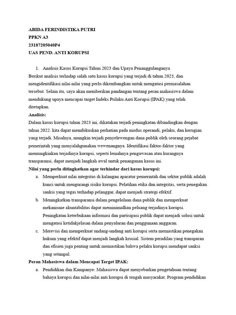 Abida Ferindistika Putri Uas Pend. Anti Korupsi A3 | PDF | Karier & Perkembangan | Ilmu Sosial