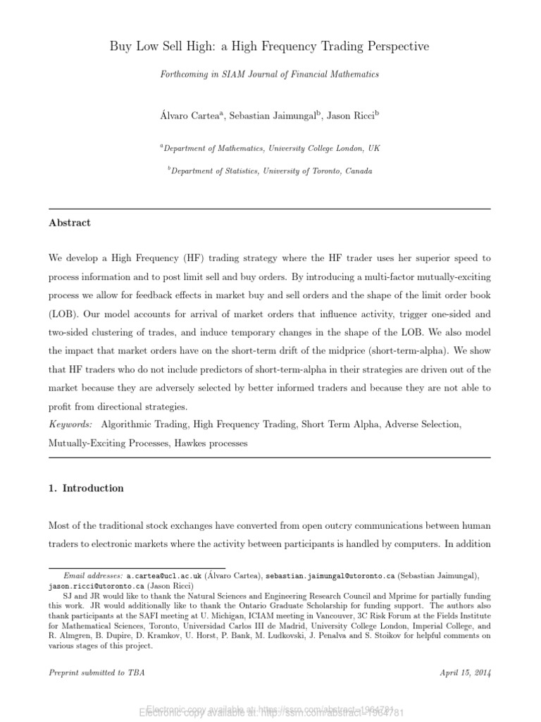 SSRN 1964781 | PDF | High Frequency Trading | Algorithmic Trading