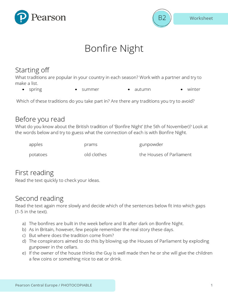 b2 Teenagers Bonfire Night Lesson Plan Worksheet | PDF