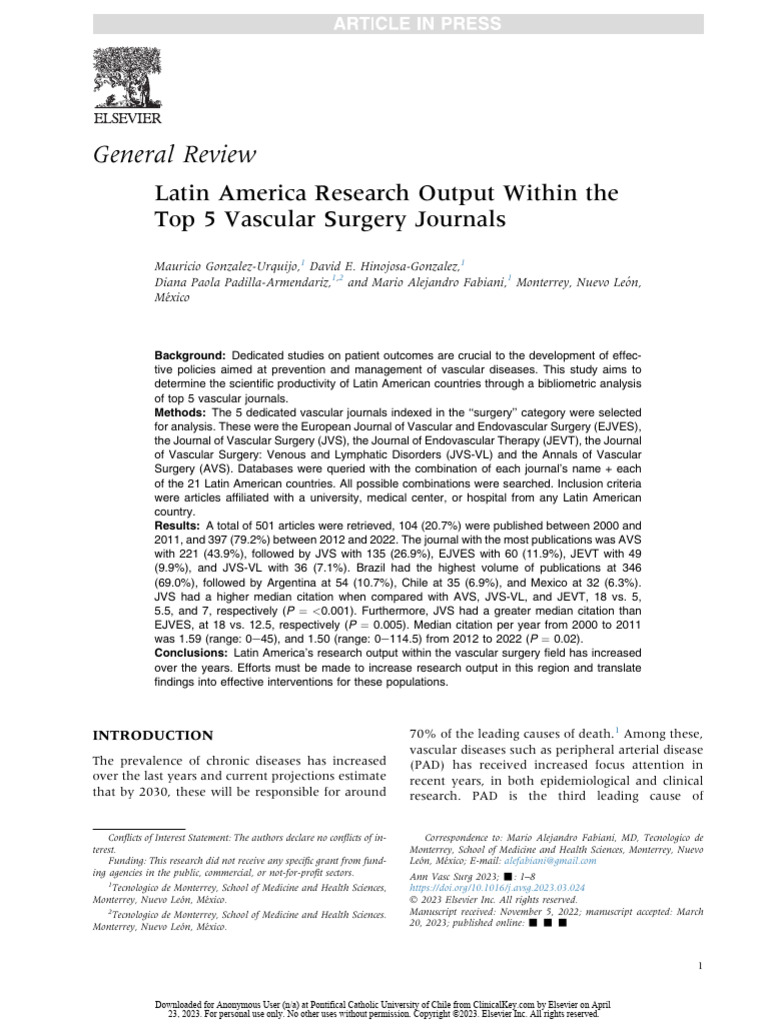 Latin America Research Output Within The Top 5 Vascular Surgery ...