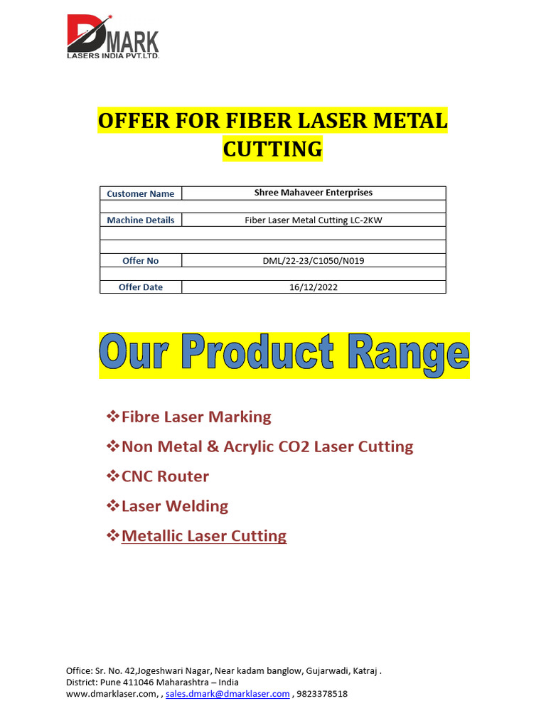 DML 22-23 N019 2kW C1050 Laser Metal Cutting Machine Quotation Shree ...