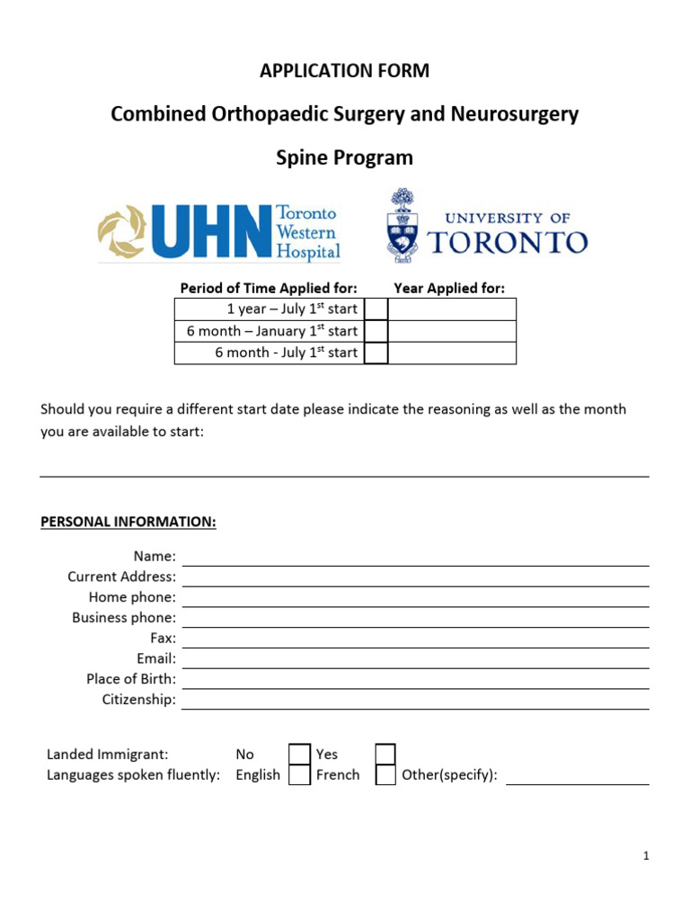 UHN Spine Fellowship Application - Fillable PDF | PDF | Medical School ...