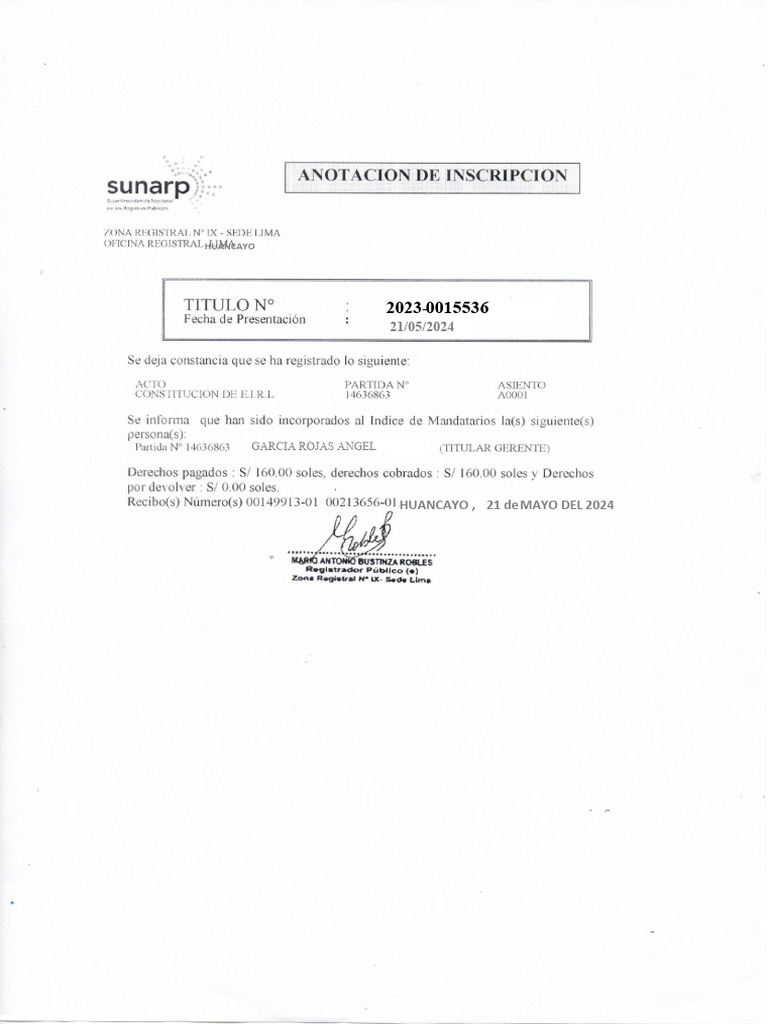 Anotacion de Inscripcion Sunarp | PDF