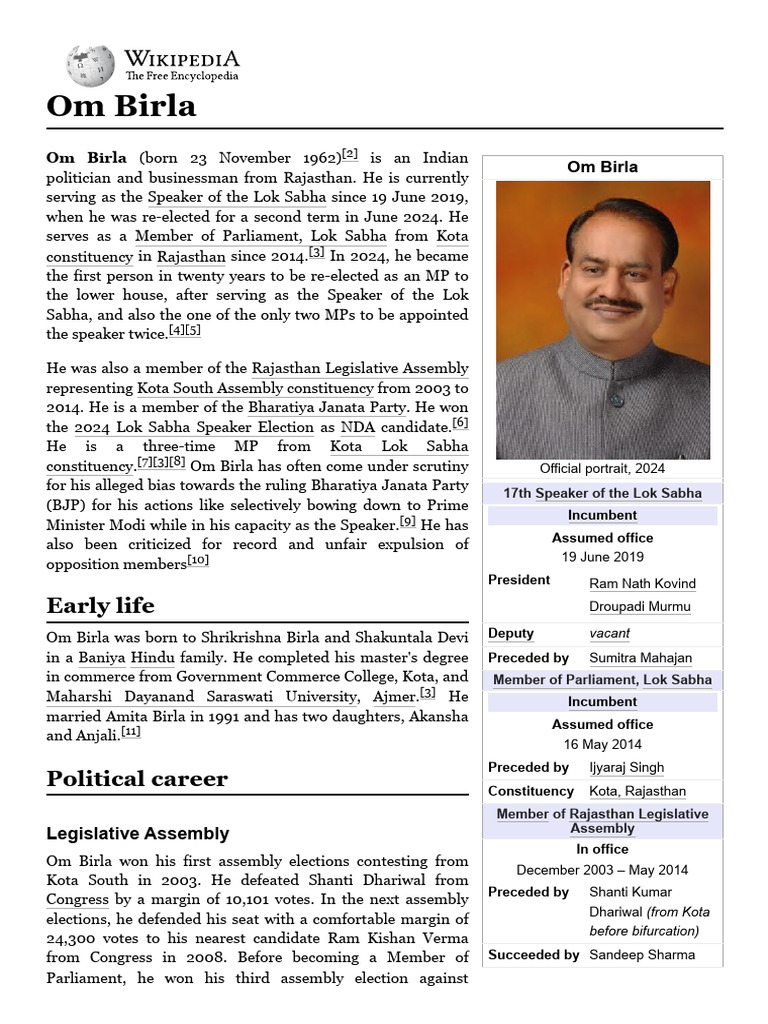 Om Birla | PDF | Politics Of India | Government
