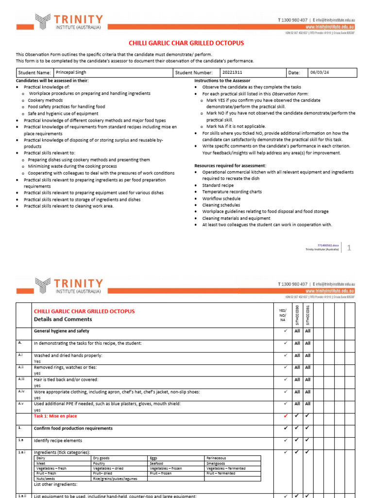 Observation Checklist Chilli Garlic Char Grilled Octopus | PDF ...