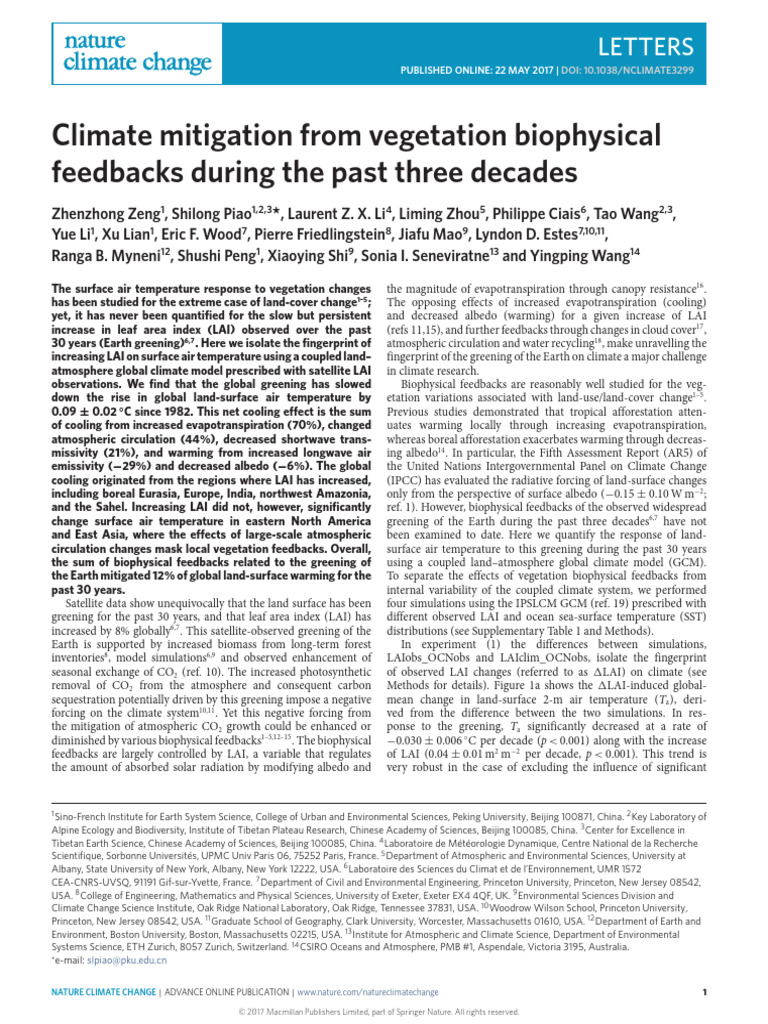 (2017) Climate Mitigation From Vegetation Biophysical Feedbacks During ...