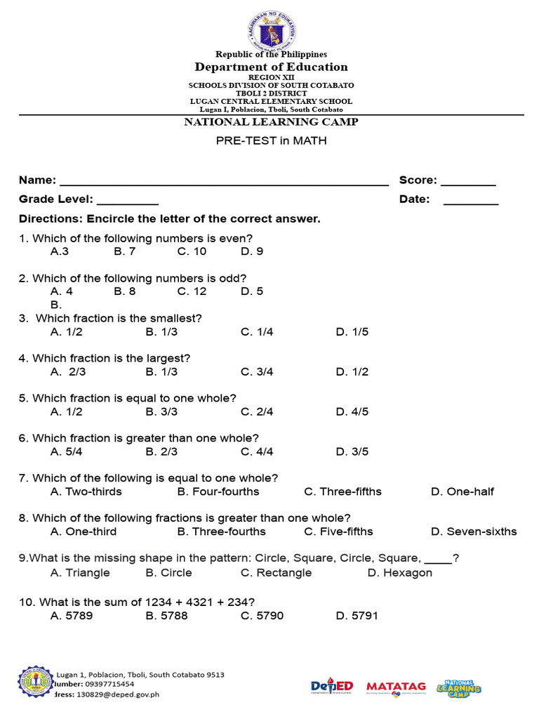 MATH PRE TEST NATIONAL LEARNING CAMP | PDF | Perpendicular | Line ...