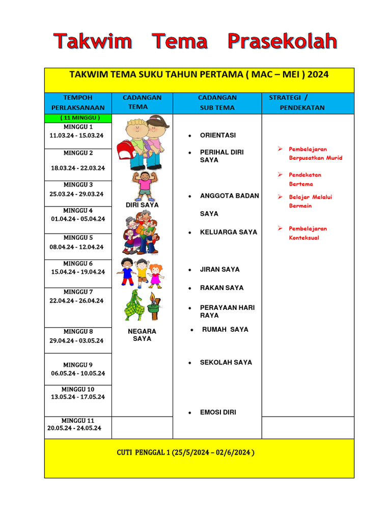 Takwim Tema Pembelajaran Prasekolah 2024 | PDF