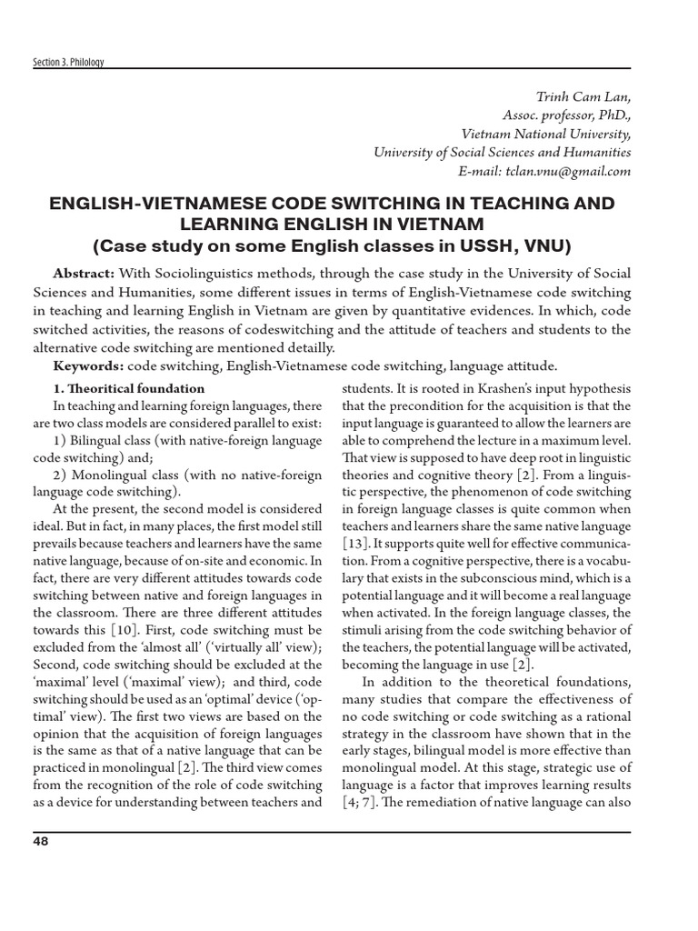 English Vietnamese Code Switching in Teaching and Learning English in Vietnam Case Study On Some ...