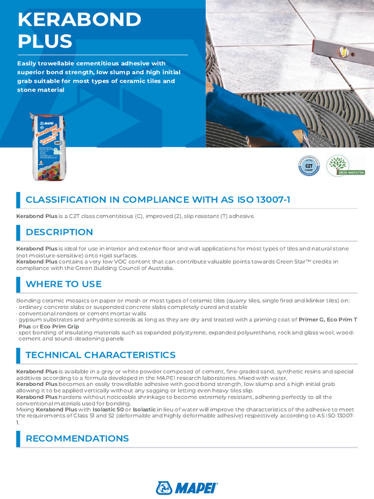 Kerabond Plus Adhesive Overview | PDF | Concrete | Adhesive