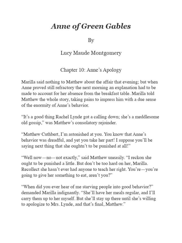 Anne of Green Gables 010 Chapter 10 Annes Apology | PDF | Lucy Maud Montgomery | Anne Of Green ...