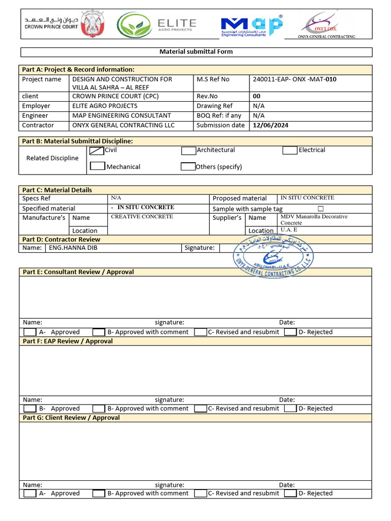 240011-Eap - Onx - Mat-010 Rev 00 Material Submittal For in Situ Concrete - MDV | PDF | Concrete ...