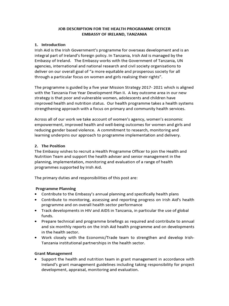 Job-Description-for-Health-Programme-Officer | PDF | Tanzania | Evaluation
