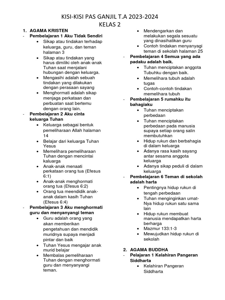Kisi-Kisi Pas Ganjil Ta 2023-2024 Kelas 2 | PDF