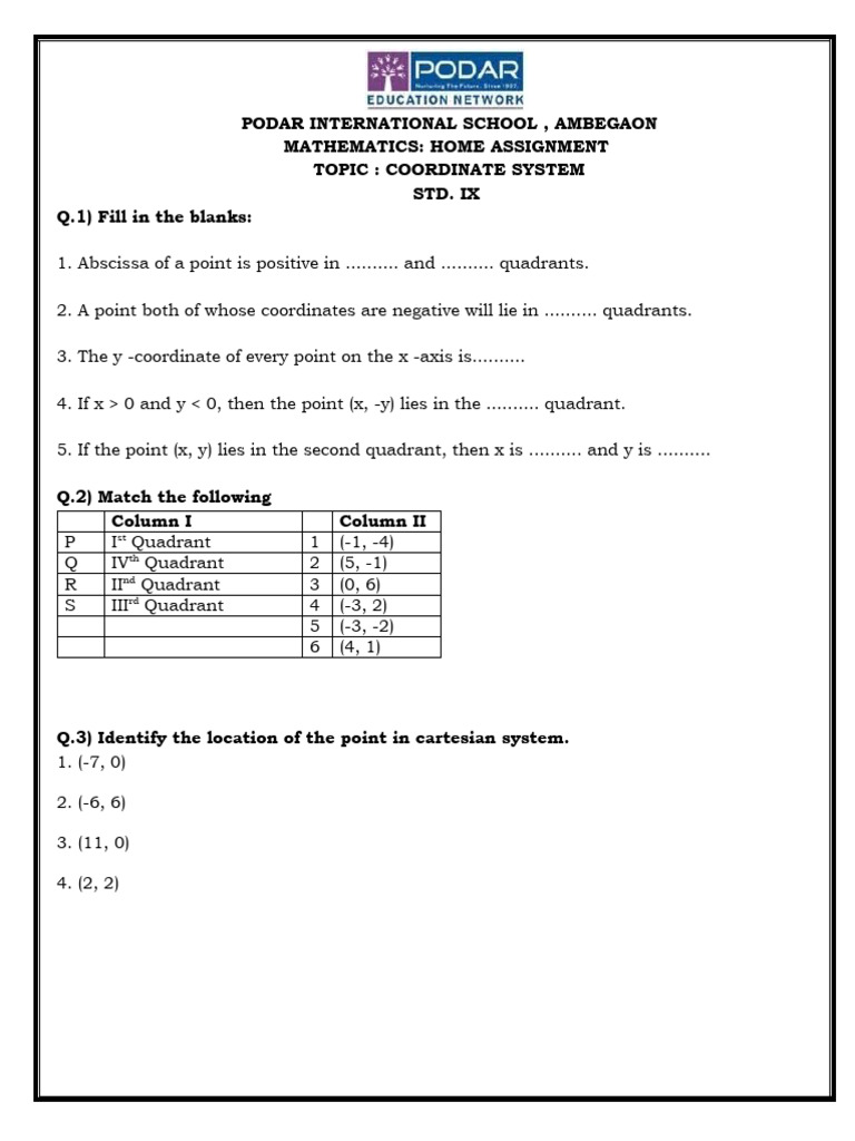 Coordinate System Assignment for IX Std | PDF