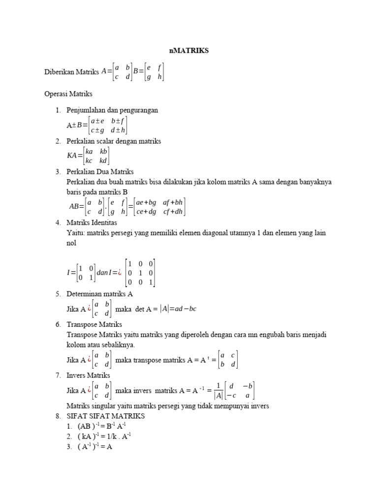 Operasi dan Sifat Matriks Dasar | PDF