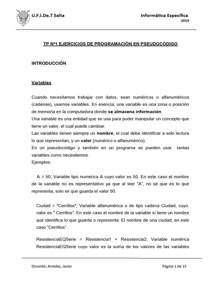 Tp Nº1 Ejercicios de Programación en Pseudocódigo 2019 | Descargar gratis PDF | Variable ...