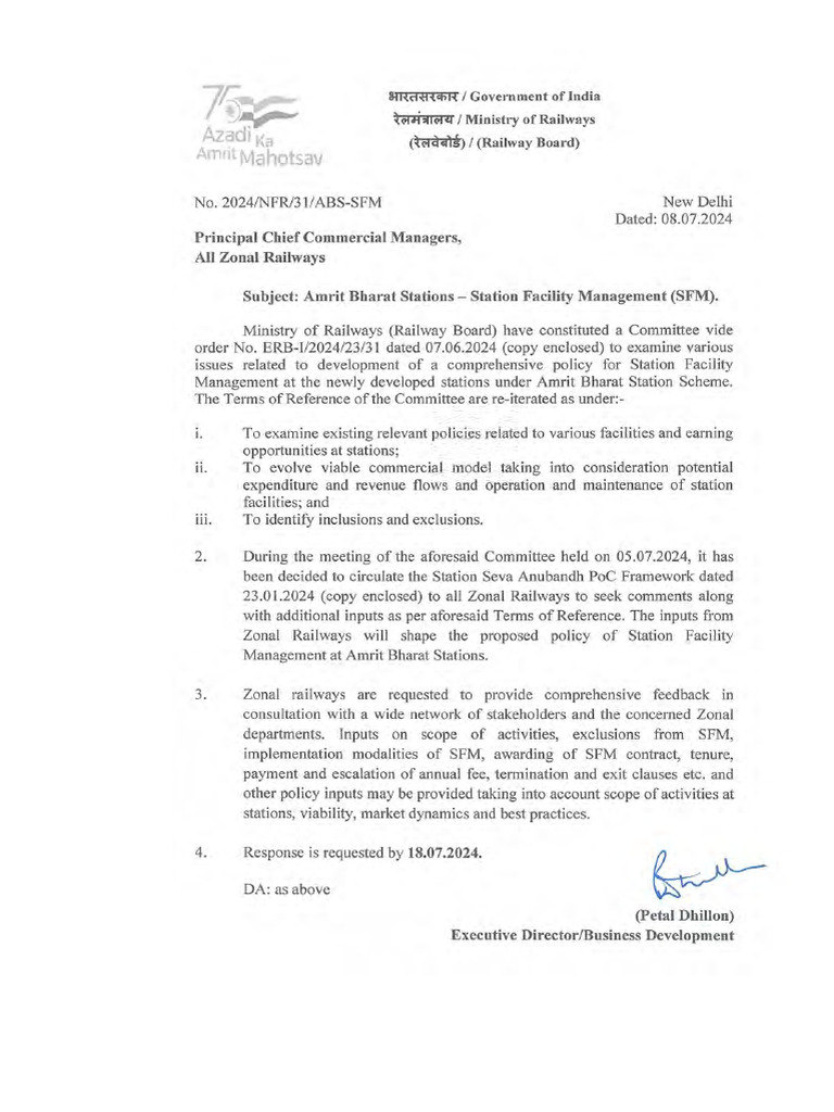 Letter To Zones - Amrit Bharat Stations - SFM Dt.08.07.2024 | PDF ...