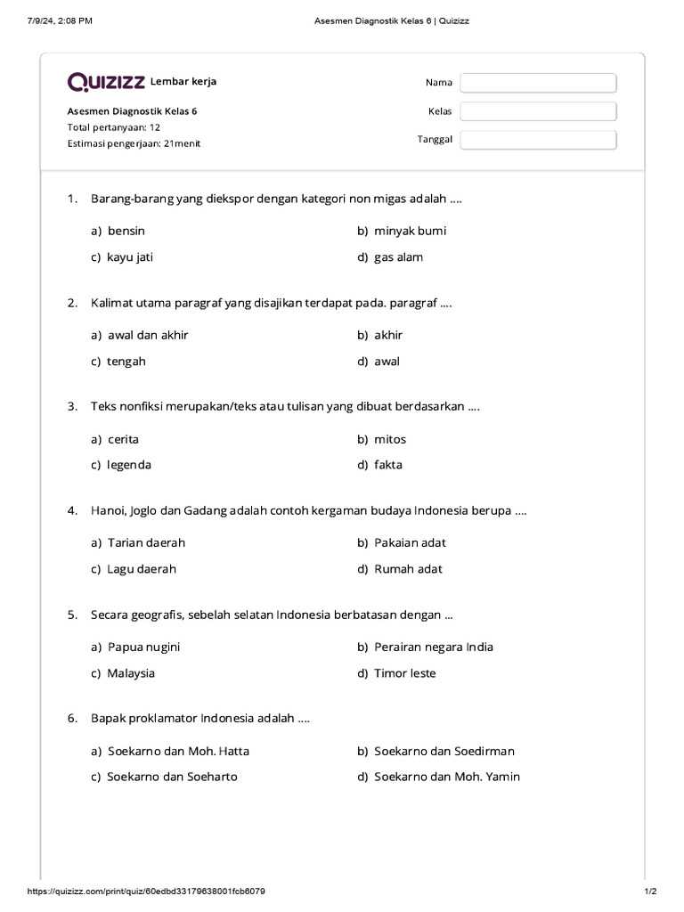Asesmen Diagnostik Kelas 6 Pdf