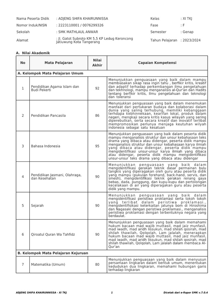 Rapor Akademik Adjeng Shifa XI TKJ 2023 | PDF