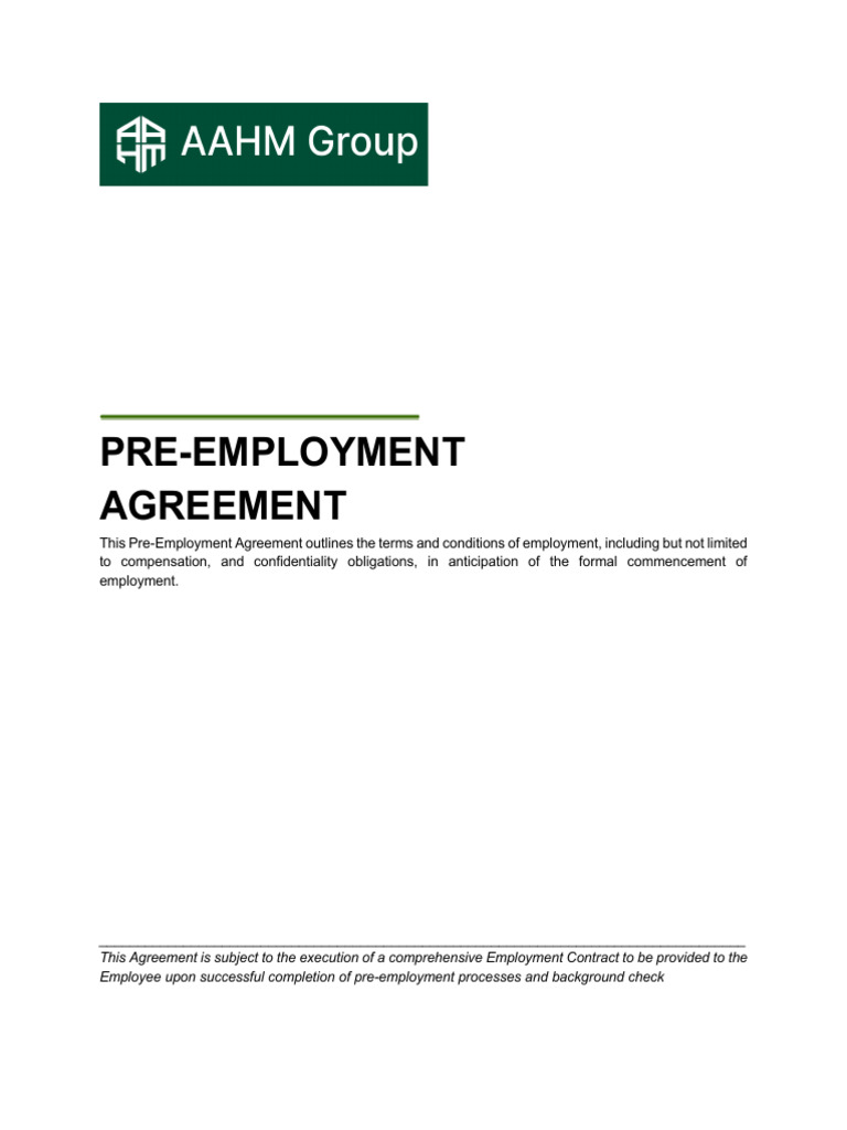 AAHM Group Pre-Employment Agreement | PDF | Employment | Business