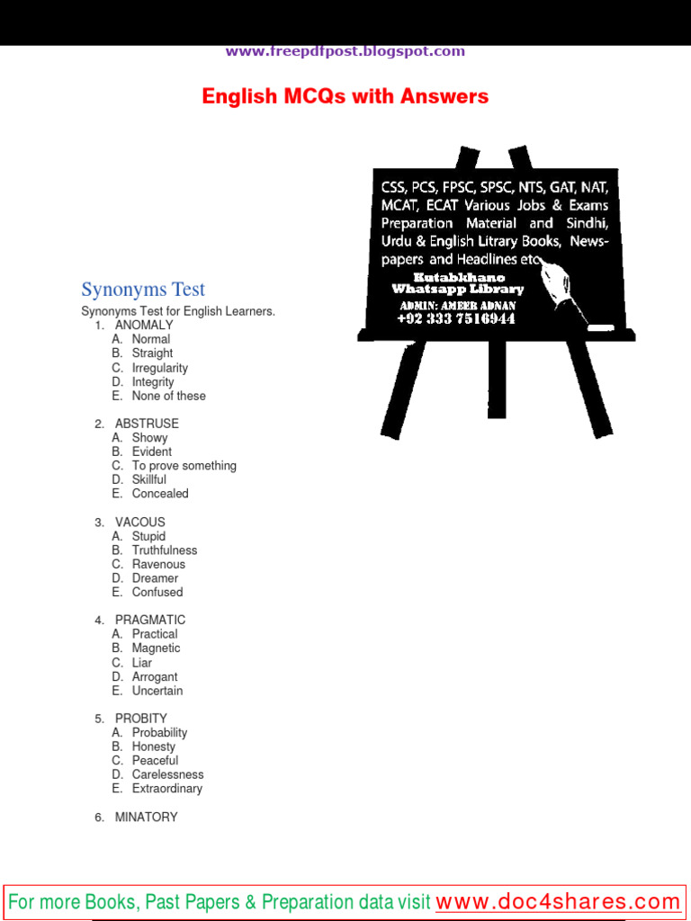 English MCQs With Answers | PDF | Unemployment | Verb