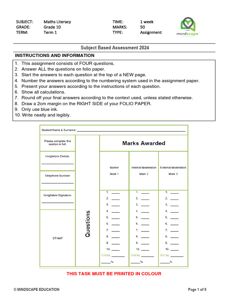 Grade 10 Mathematical Literacy T1 Assignment Task_QP | PDF