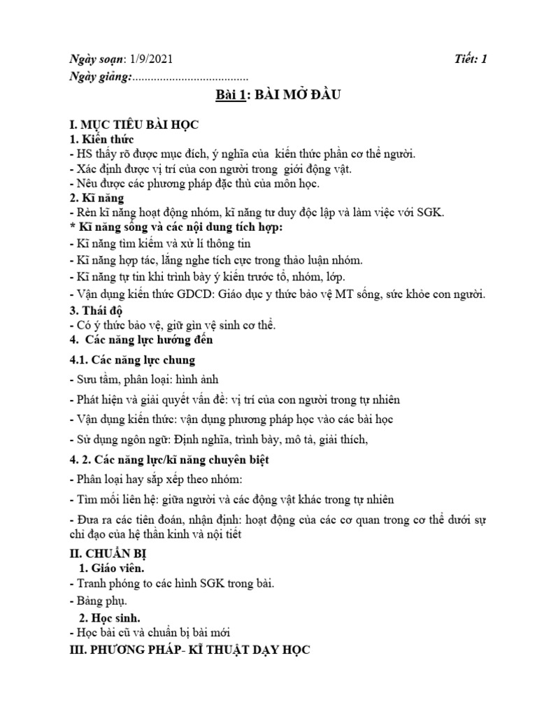 Sinh Hoc 8 (Tiet 1) - Bai Mo Dau | PDF