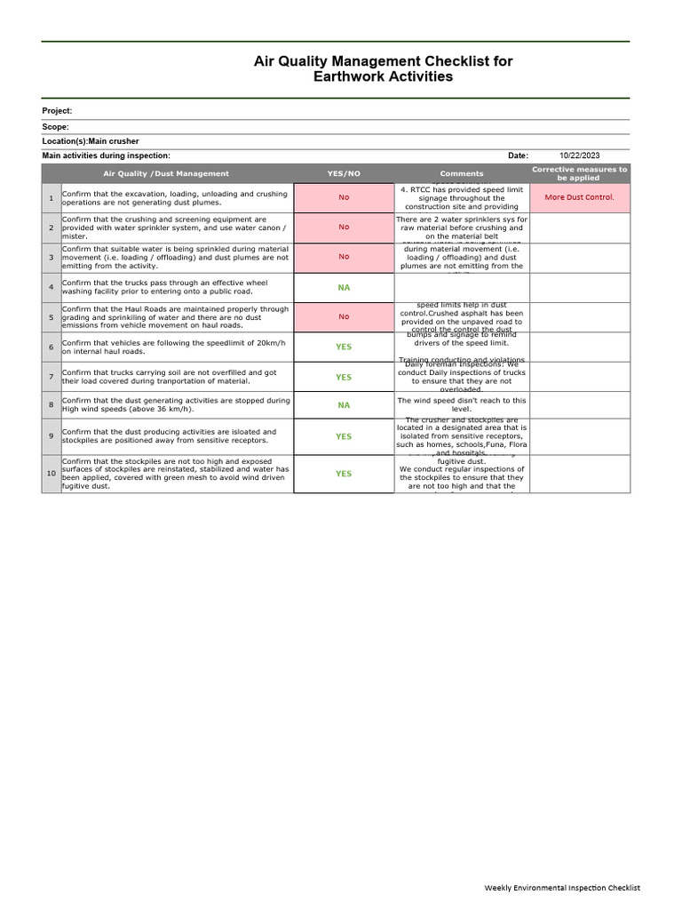 Air Quality Management Checklist For Earthwork Activities Main Crusher