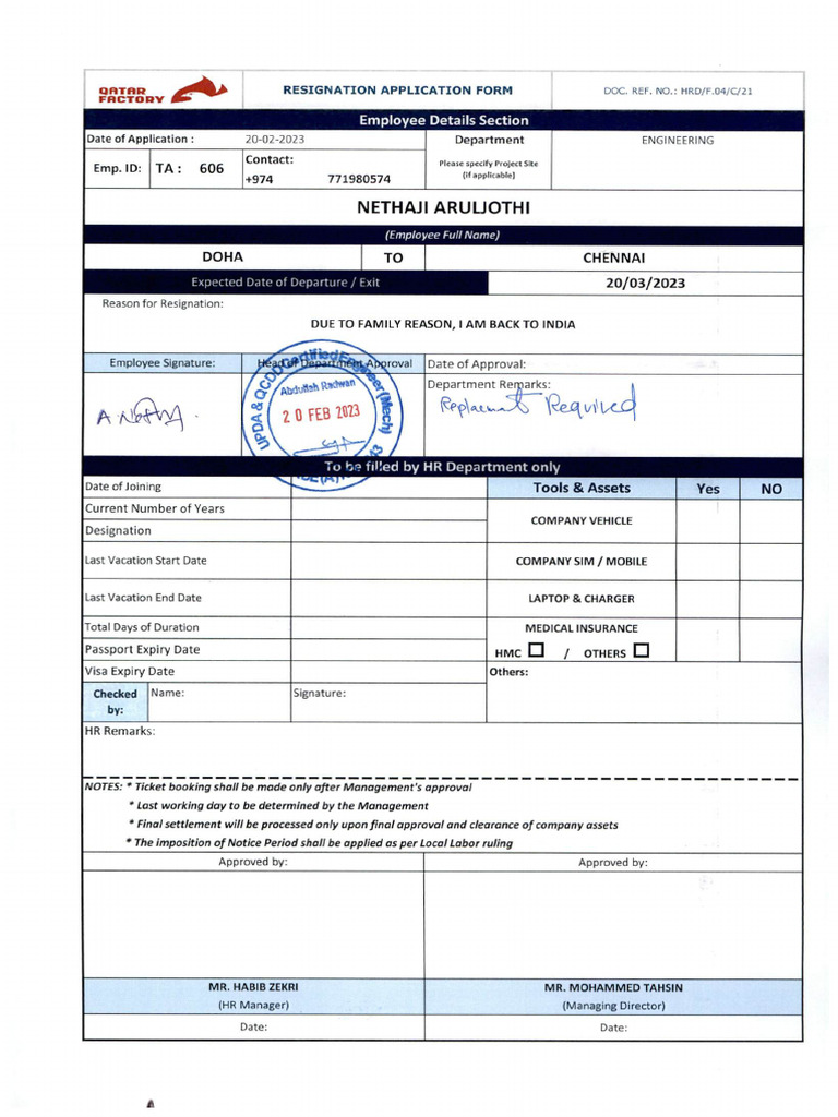 Nethaji Resignation Form | PDF