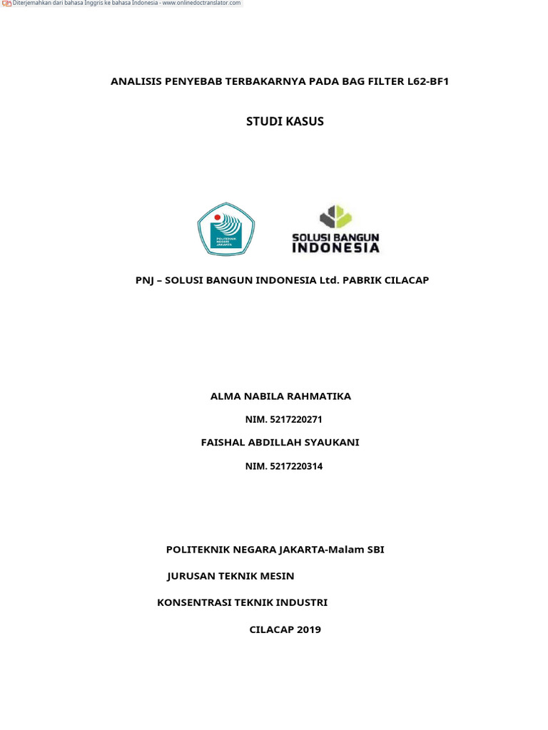 Analisa Penyebab Kebakaran Pada Bag Filter l62 bf1 Case Study State Polytechnic of Jak - En.id | PDF