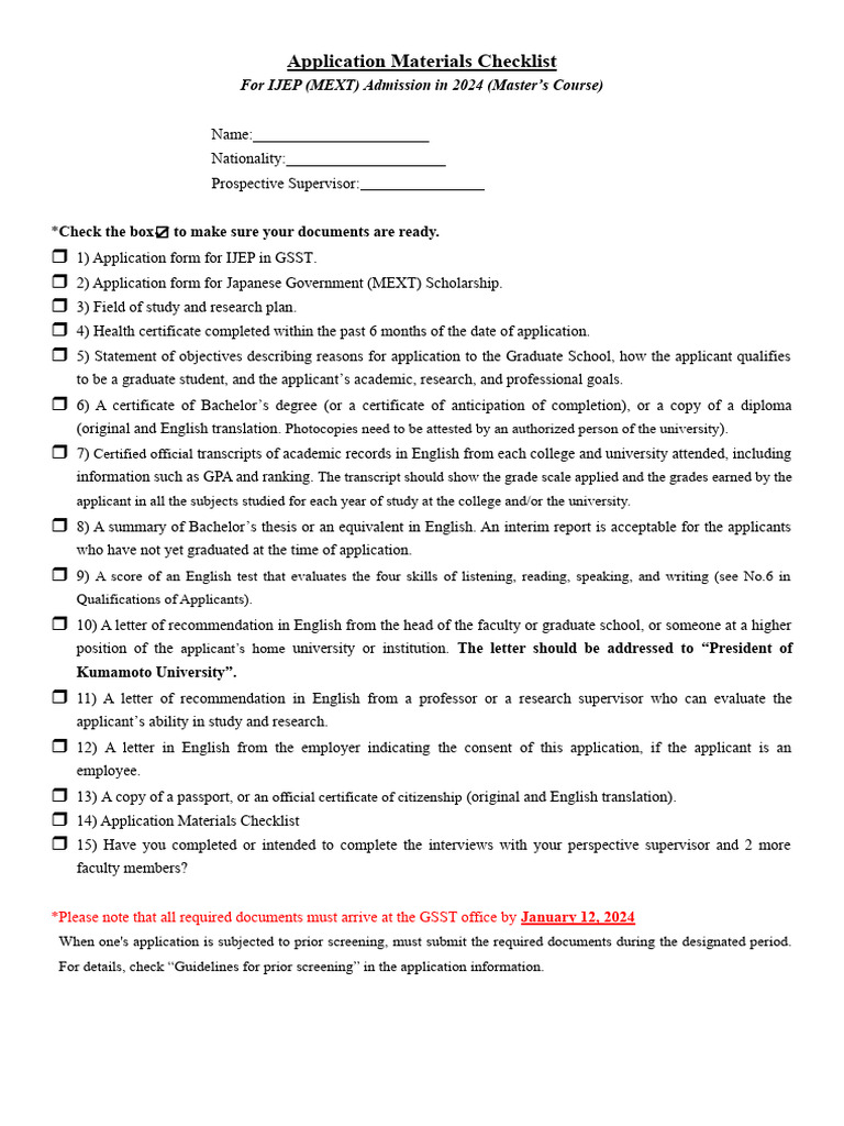 1-7 Checklist MEXT Master2024 Rev | PDF | Bachelor's Degree ...