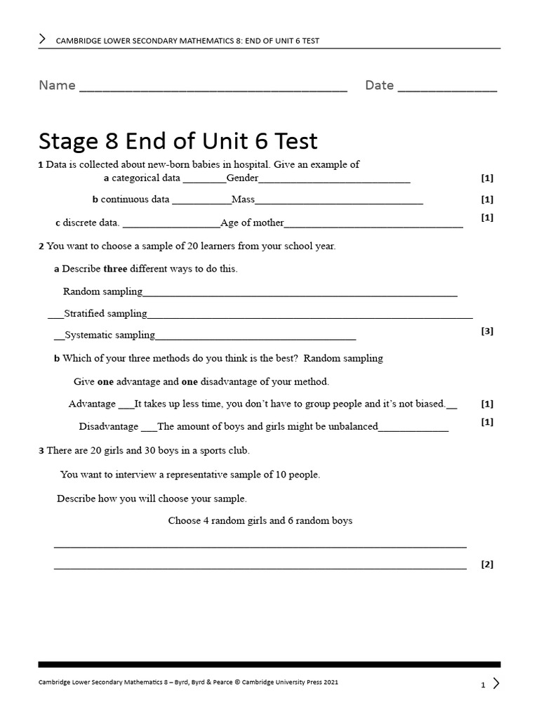 Stage 8 End of Unit 6 Test | PDF | Sampling (Statistics) | Mathematics