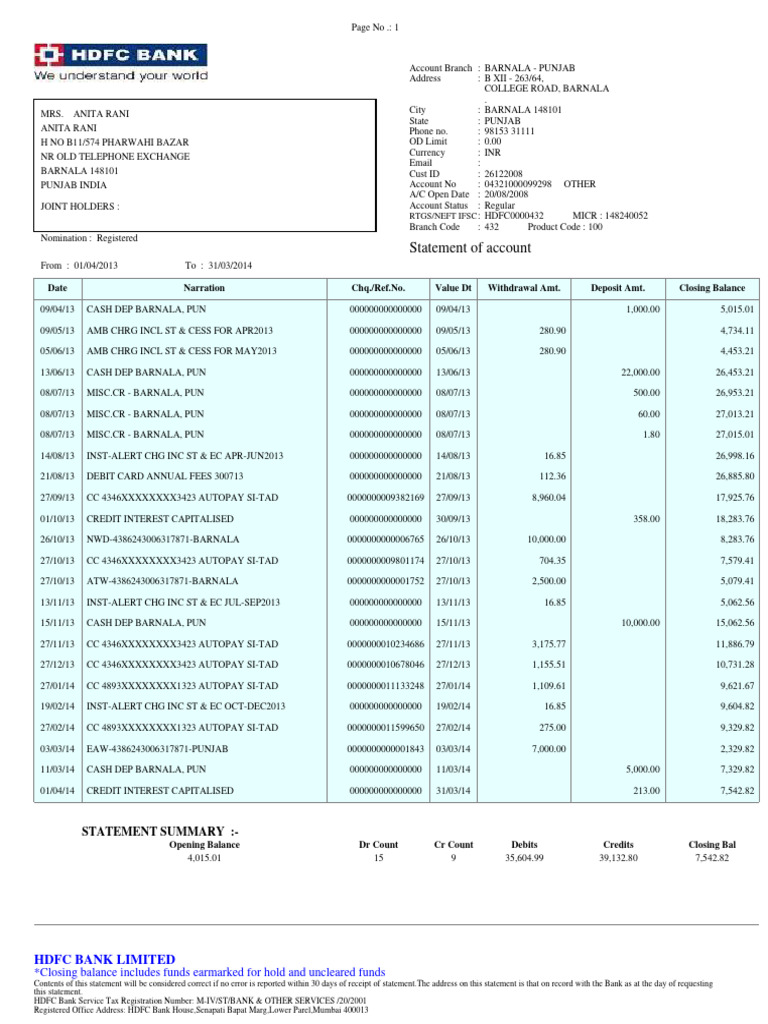 Statement of Account: Date Narration Chq./Ref - No. Value DT Withdrawal ...